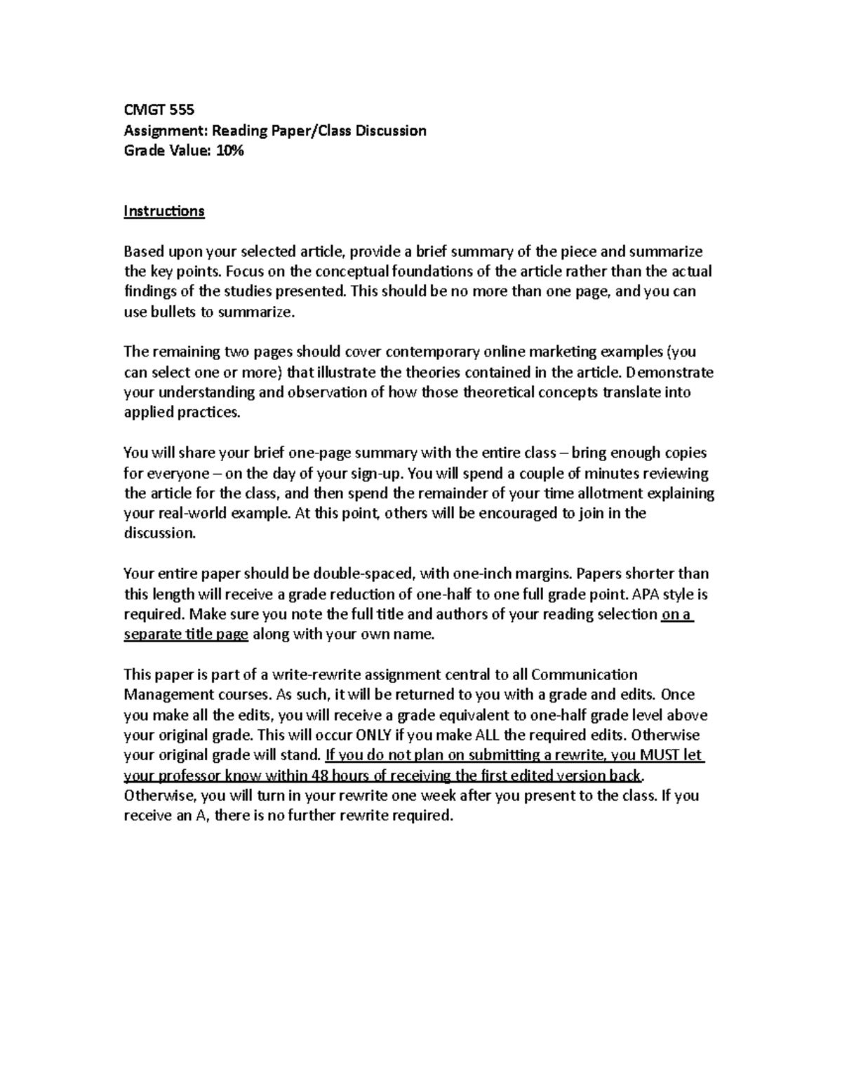 Readings Paper Assignment - CMGT 555 Assignment: Reading Paper/Class ...