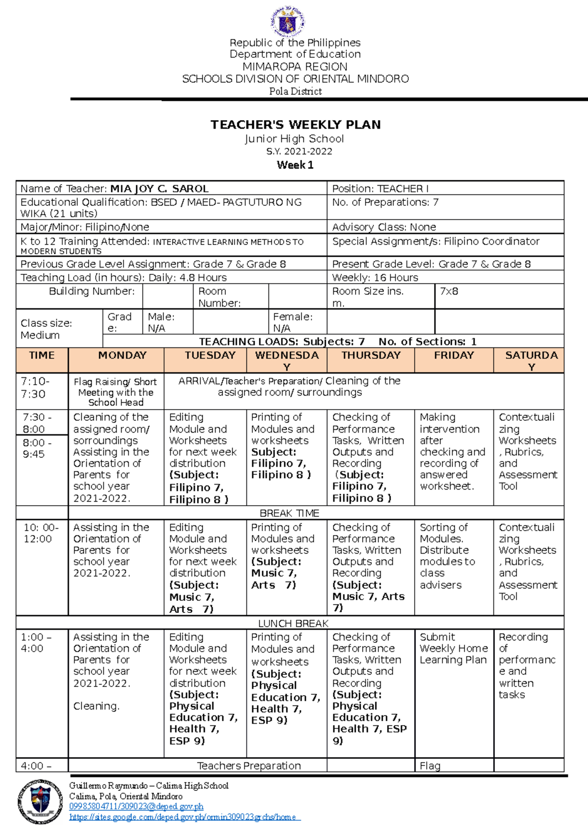 Teachers weekly plan - Republic of the Philippines Department of ...