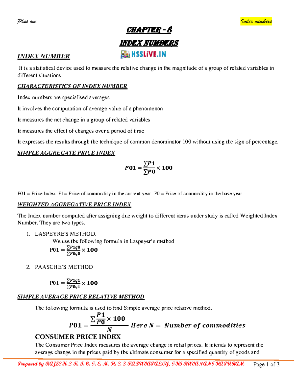 Hsslive-XI-Economics-ch8-notes index numbers - Plus one Index numbers ...