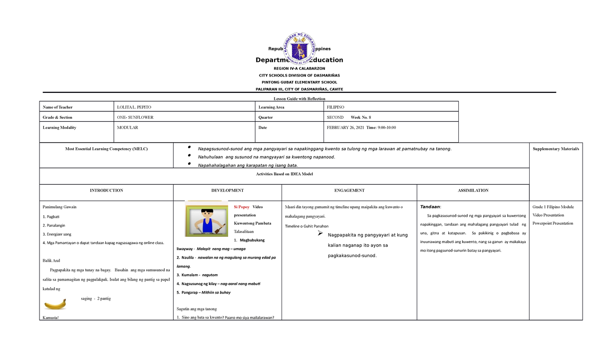 Lesson-Guide- Filipino 1 - BSED Math - BulSU - Studocu