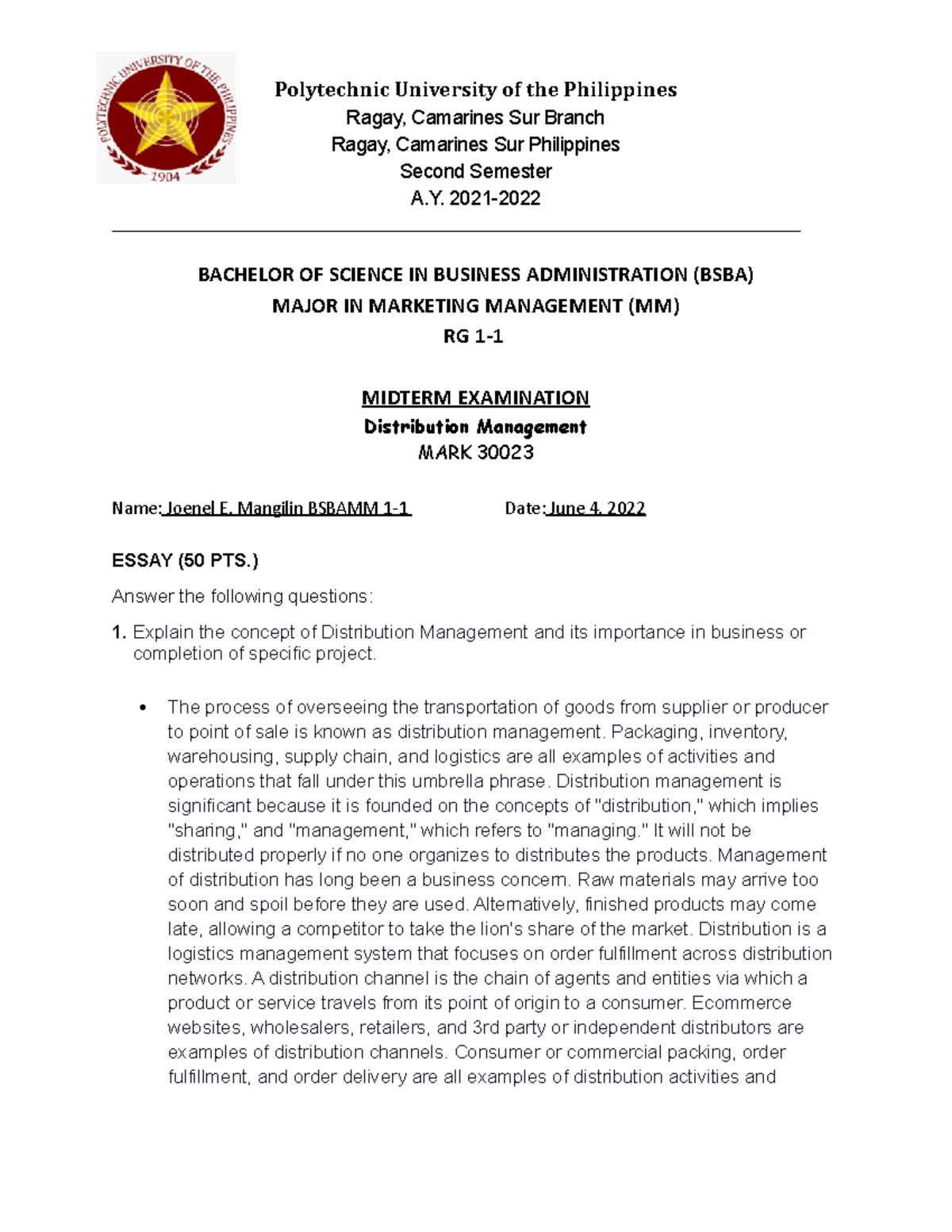Joenel Mangilin - PUP- Midterm-EXAM-BSBA-MM-RG-1-1-Distribution ...