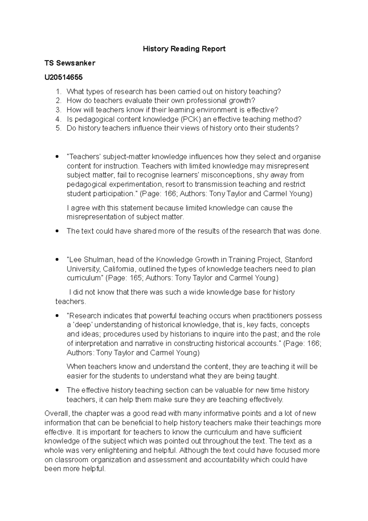 History Reading Report 1 - History Reading Report TS Sewsanker U What ...