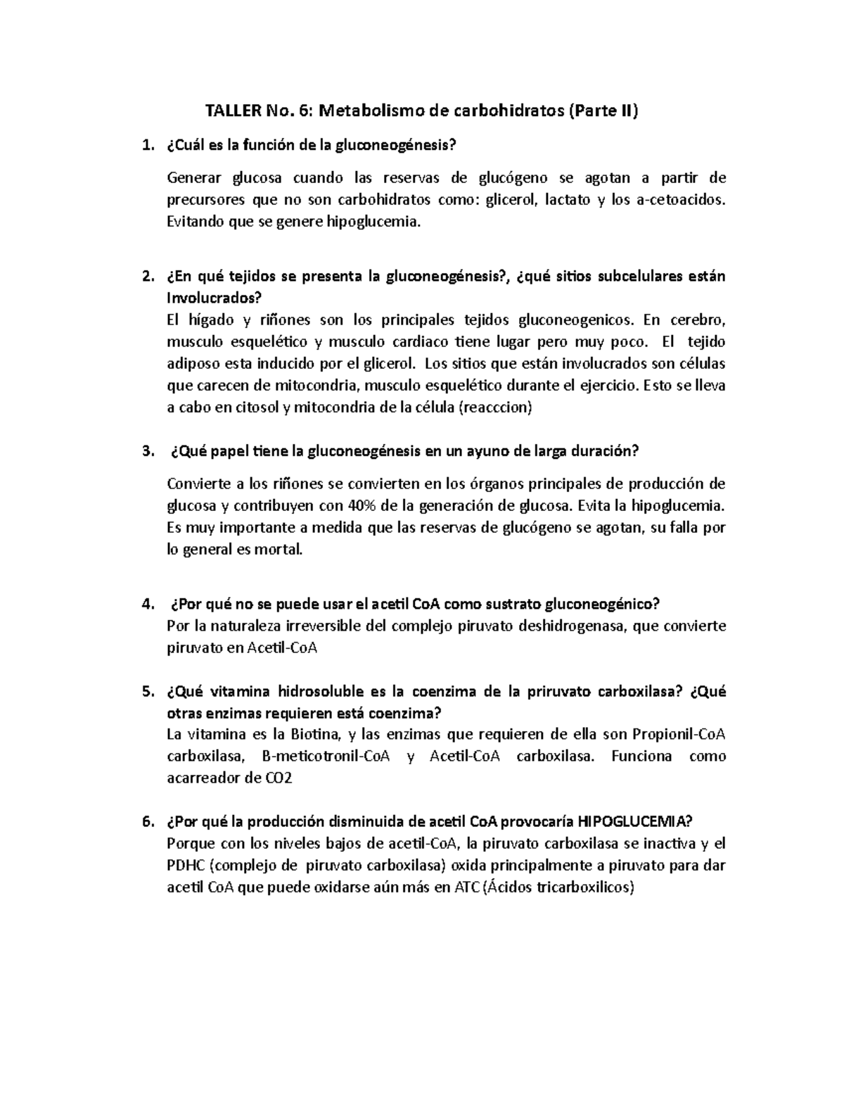 Taller Metabolismo DE Carbohidratos ( Parte II) - TALLER No. 6 ...