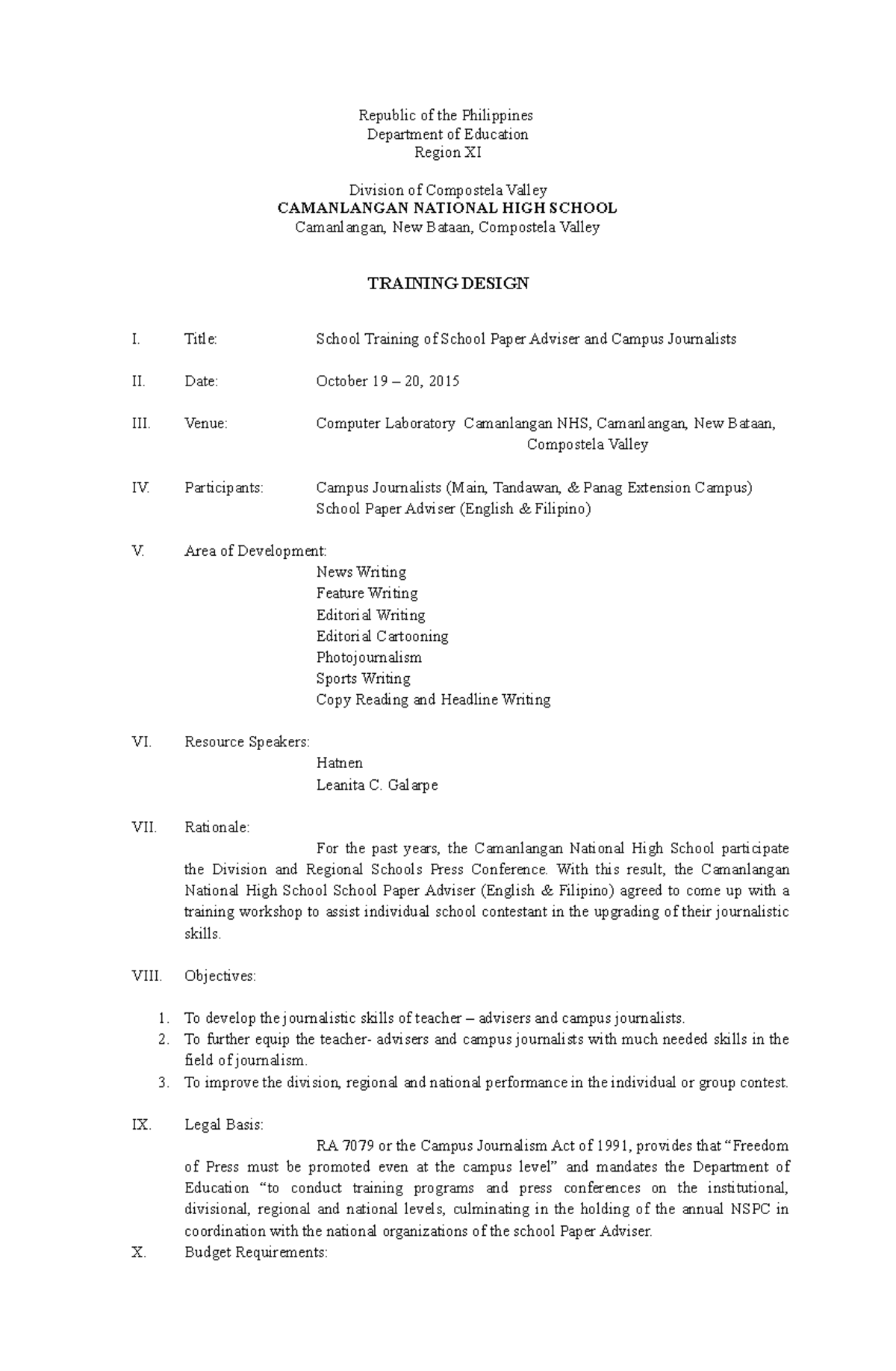 Training Design Campus Journ - Republic of the Philippines Department ...