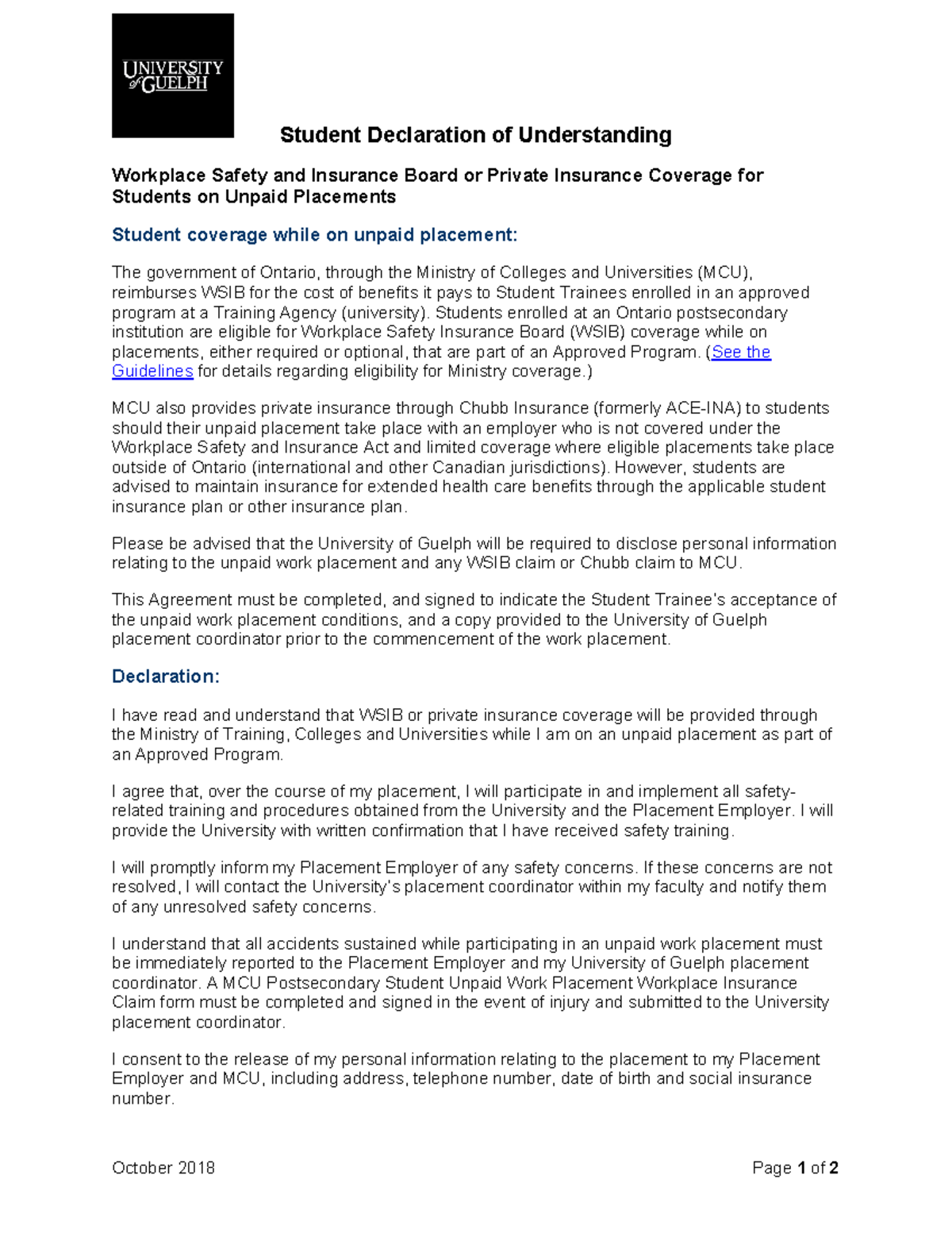 Student Declaration of Understanding - October 2018 Page 1 of 2 Student ...