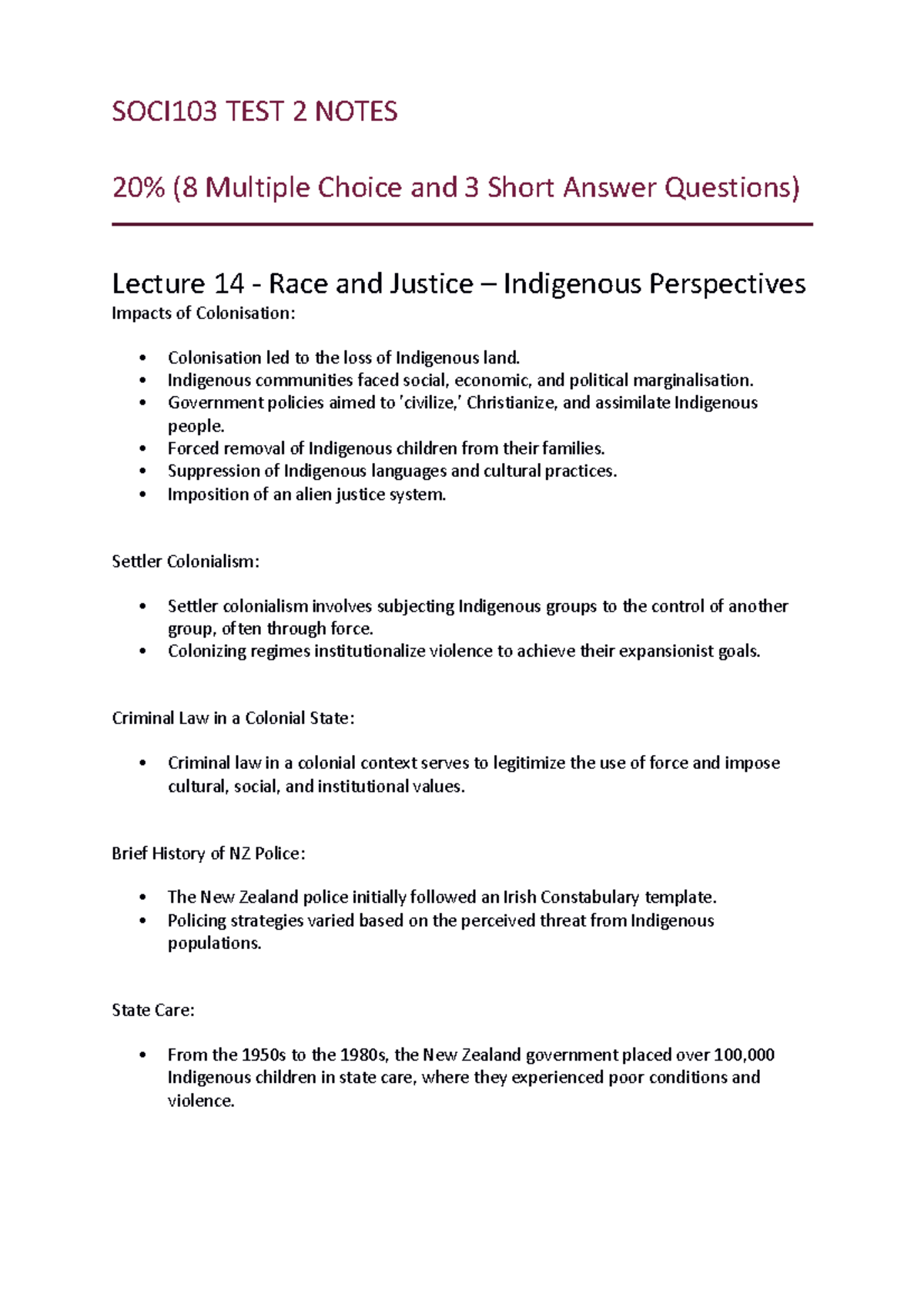 SOCI103 TEST 2 Notes - SOCI103 TEST 2 NOTES 20% (8 Multiple Choice and ...