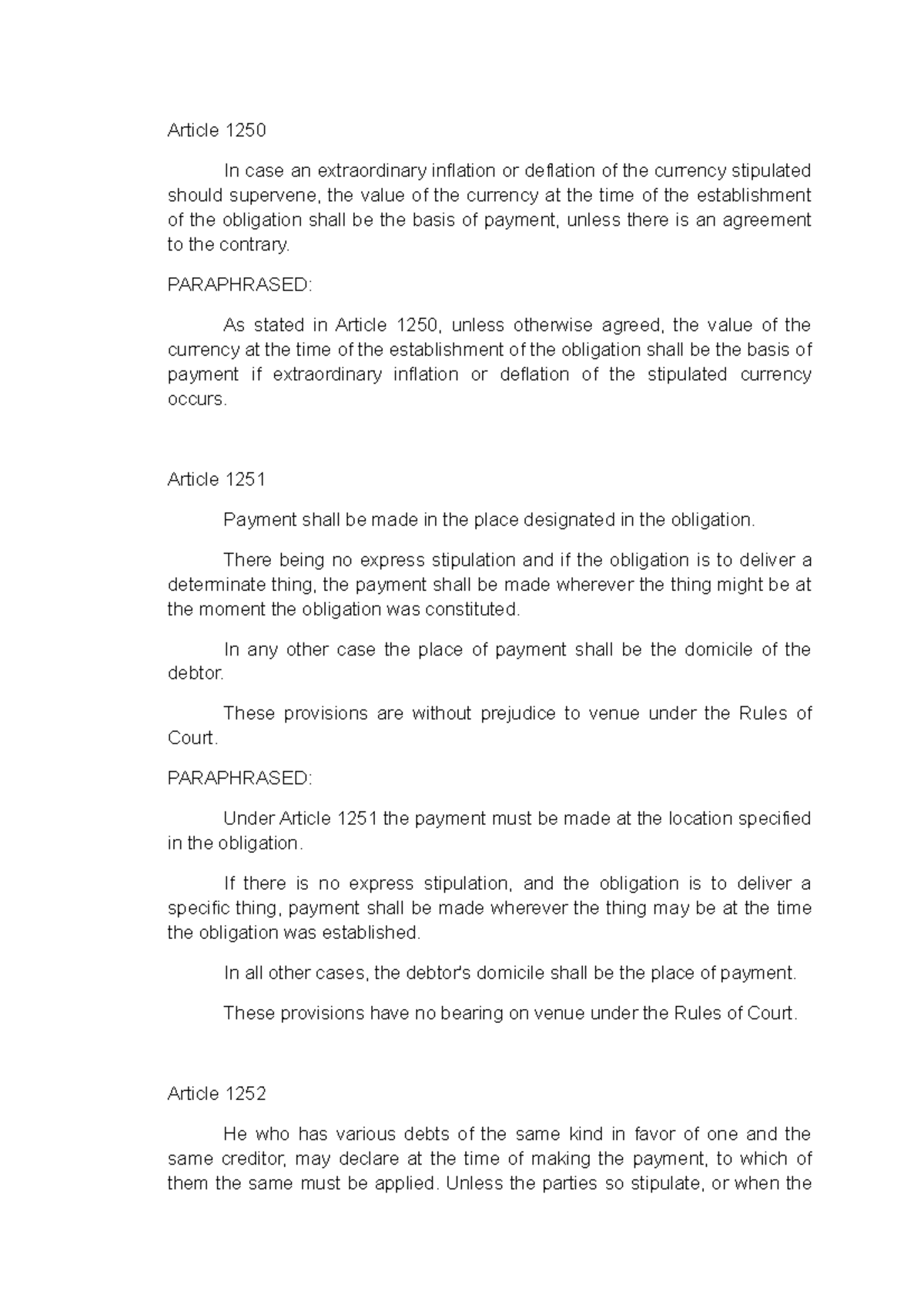 Paraphrased Version (1250-1341) - Article 1250 In case an extraordinary ...