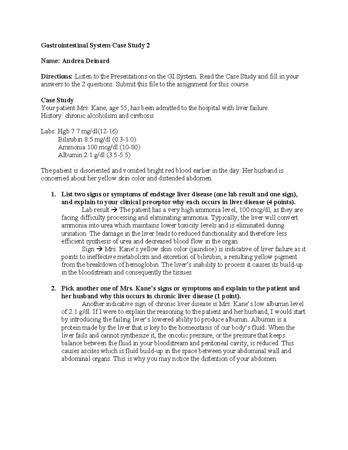 Gastrointestinal Case Study - Gastrointestinal System Case Study 2 Name ...