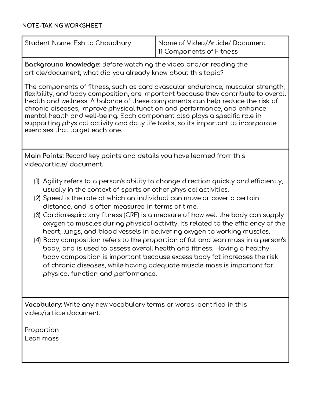 Fitness Components Notes - NOTE‐TAKING WORKSHEET Student Name: Eshita ...