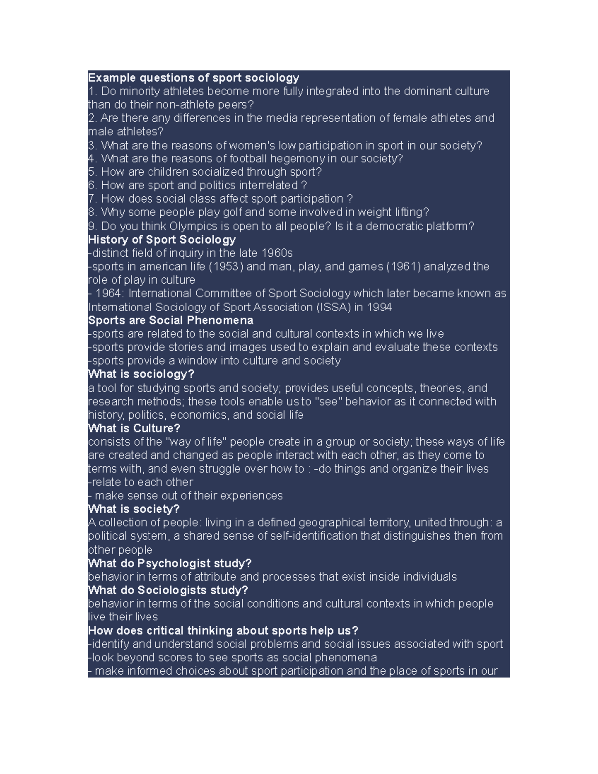Example questions of sport sociology - , the viewpoints that underlie ...
