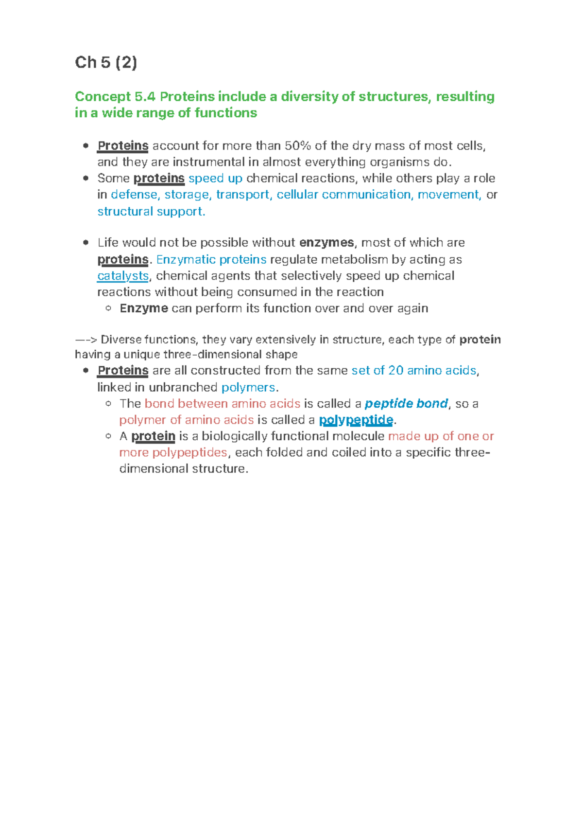 BSC2010 Ch 5 Notes 2 - Ch 5 (2) Concept 5 Proteins include a diversity ...