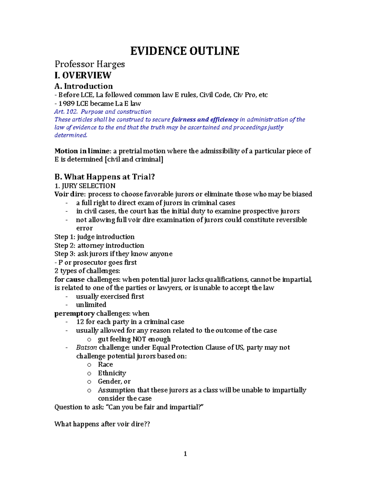 Harges - Louisiana Evidence Outline - EVIDENCE OUTLINE Professor Harges ...