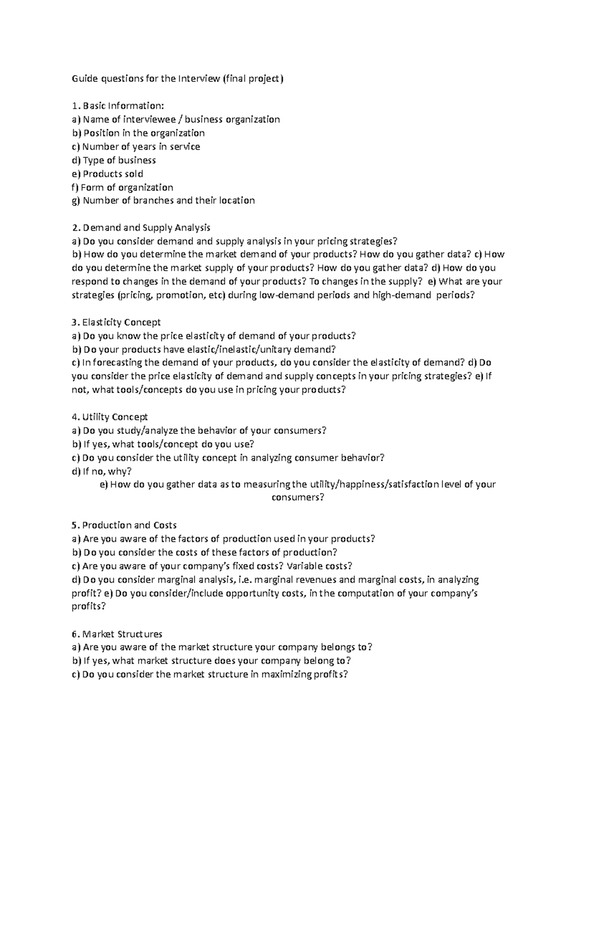 Guide questions for the Interview - marginal revenues and marginal ...