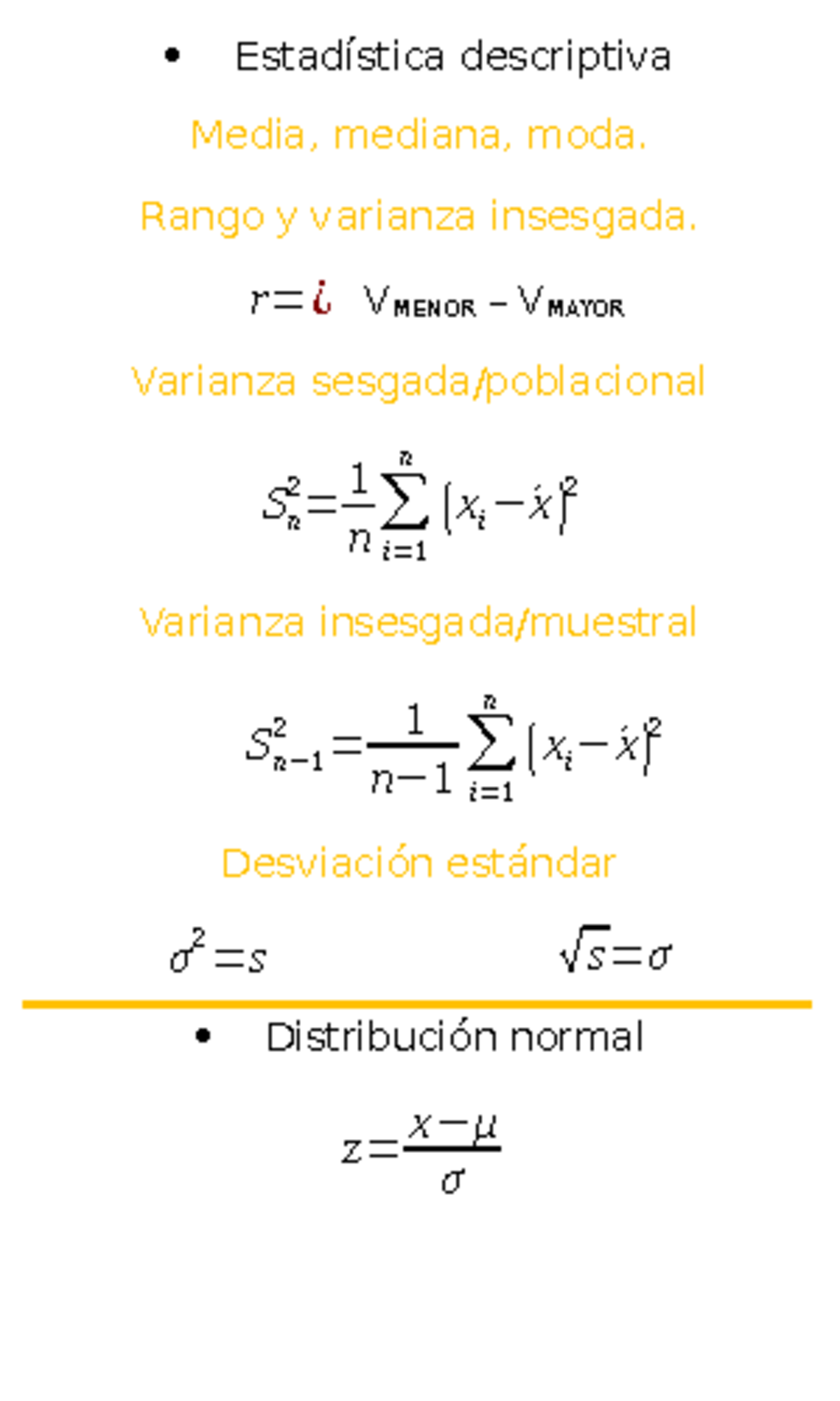 Formulario estadistica primer parcial - Estadística descriptiva Media ...