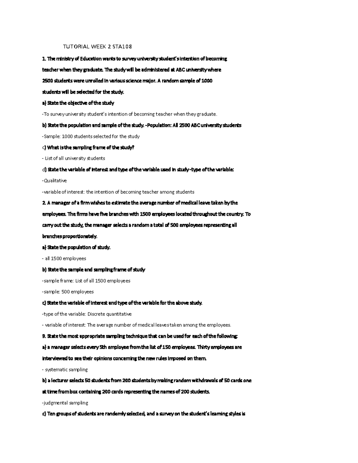 STA108 WEEK 2 Tutorial - TUTORIAL WEEK 2 STA The ministry of Education wants to survey ...