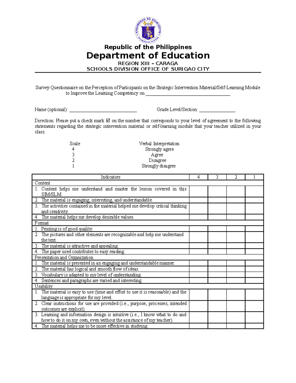Survey Questionnaire SIM SLM - Republic of the Philippines Department ...