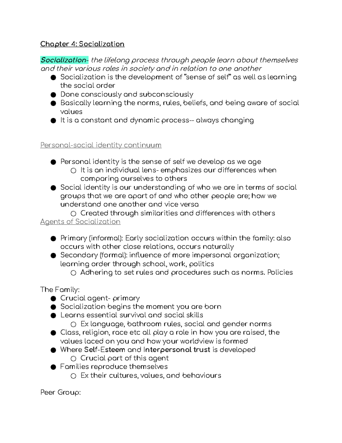 SOC101 Chapter 4 Notes - Chapter 4: Socialization Socialization- the ...