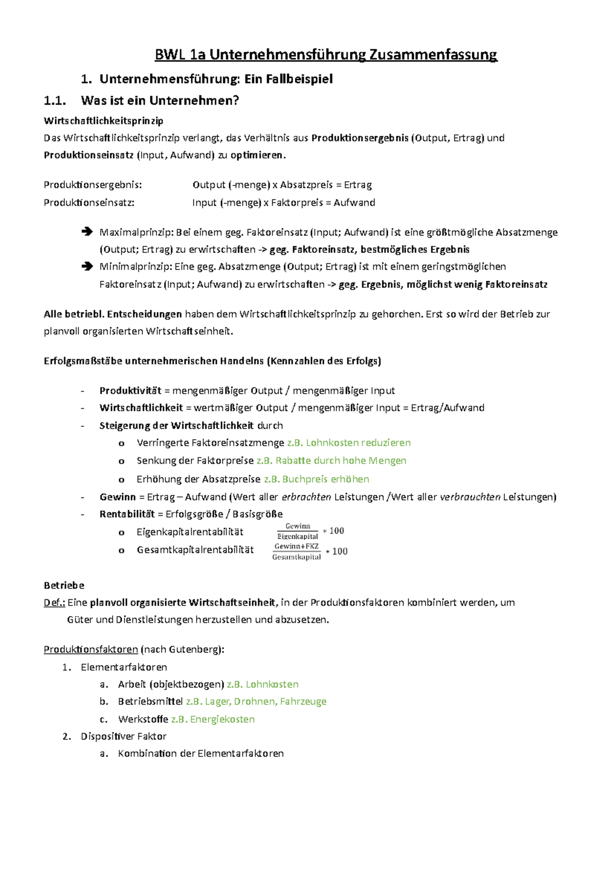 Relevante Zusammenfassung - BWL 1a Unternehmensführung Zusammenfassung ...