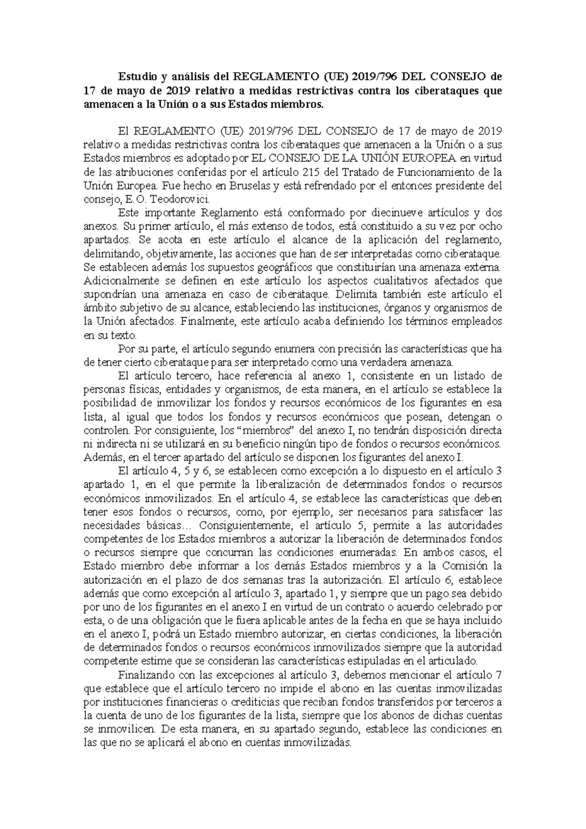Reglamento Analisis - Estudio y análisis del REGLAMENTO (UE) 2019/796 DEL CONSEJO de 17 de mayo ...