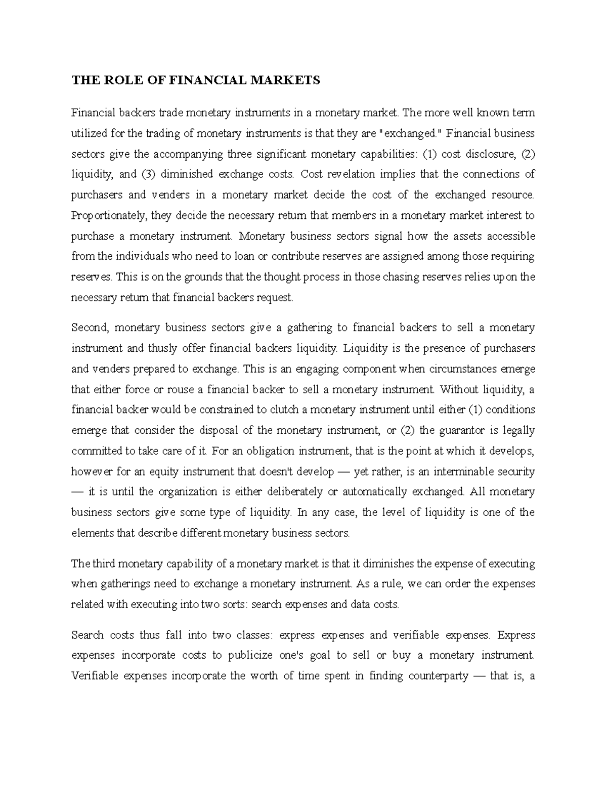 The role of Financial Markets - THE ROLE OF FINANCIAL MARKETS Financial ...