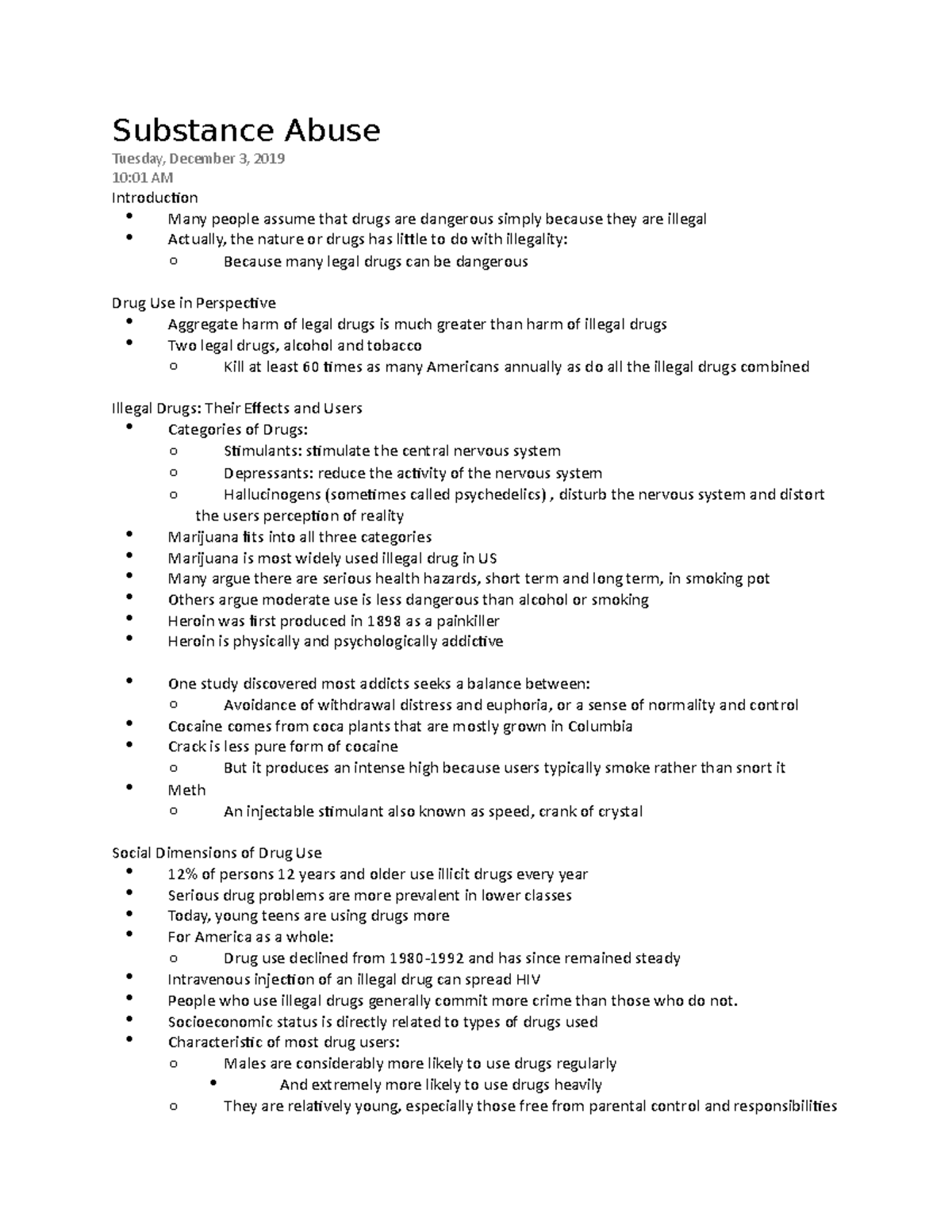 Substance Abuse - Lecture notes 13 - Substance Abuse Tuesday, December ...