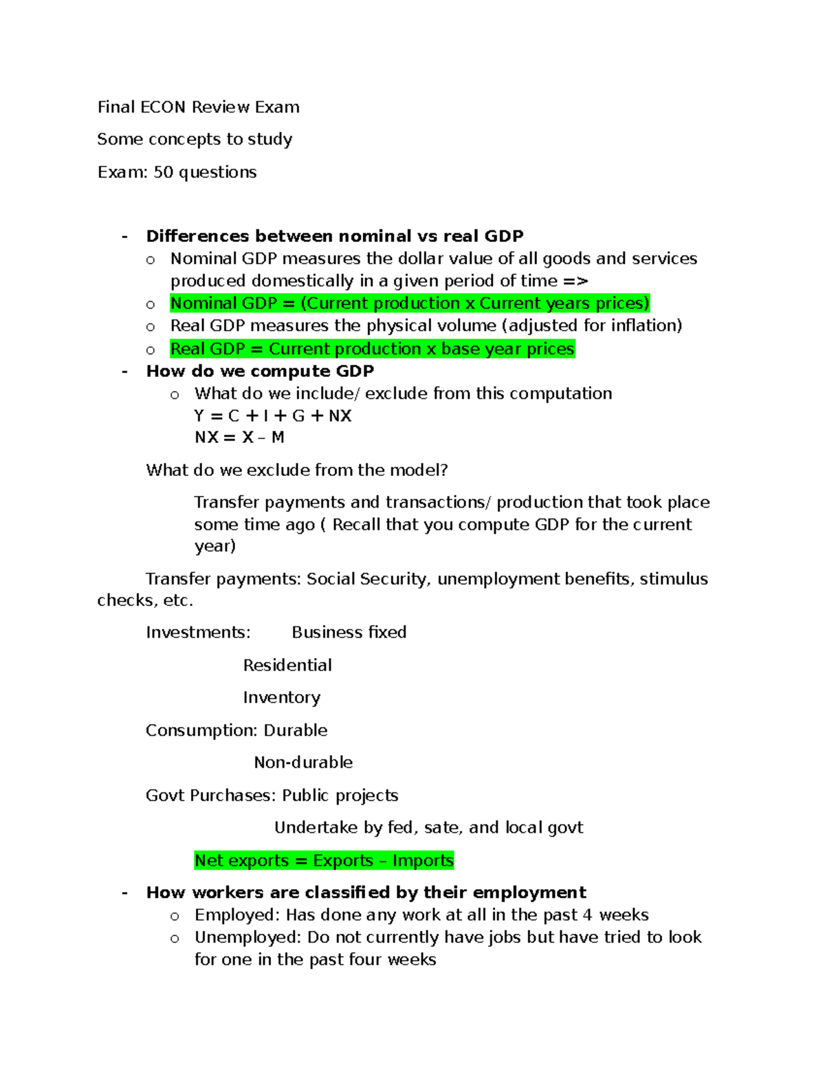 Final ECON Review Exam - Final ECON Review Exam Some concepts to study ...
