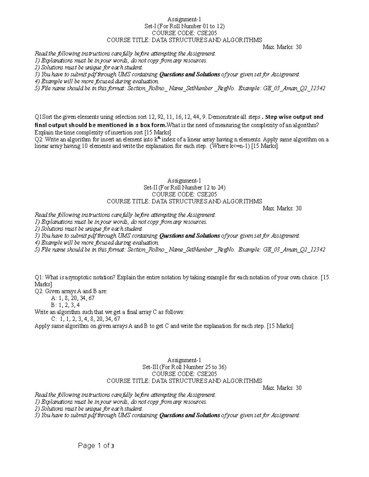 Assignment-DSA-26august - Assignment- Set-I (For Roll Number 01 to 12) COURSE CODE: CSE COURSE ...
