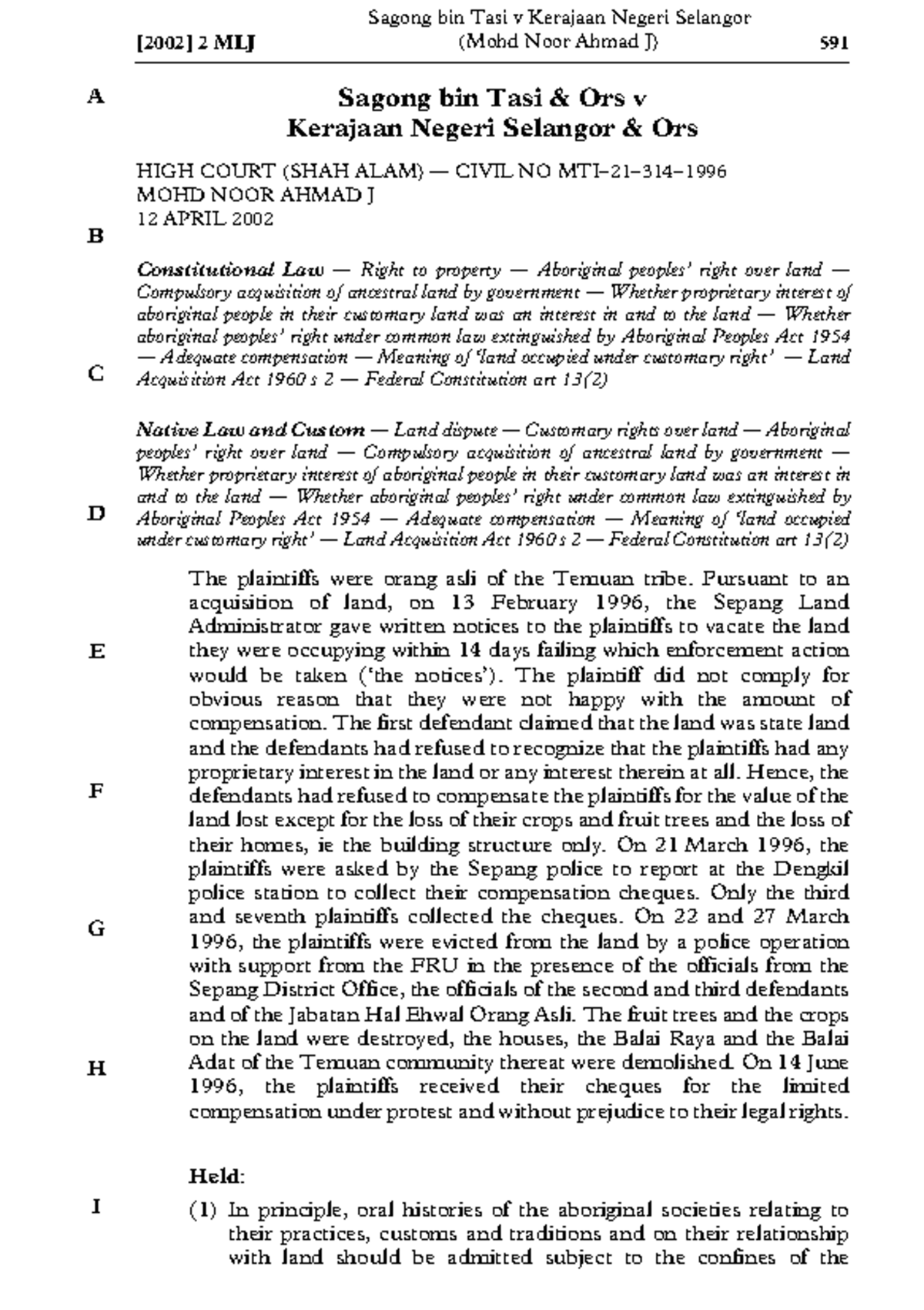 Sagong BIN TASI & ORS v Kerajaan Negeri Selangor & ORS - [2002] 2 MLJ ...