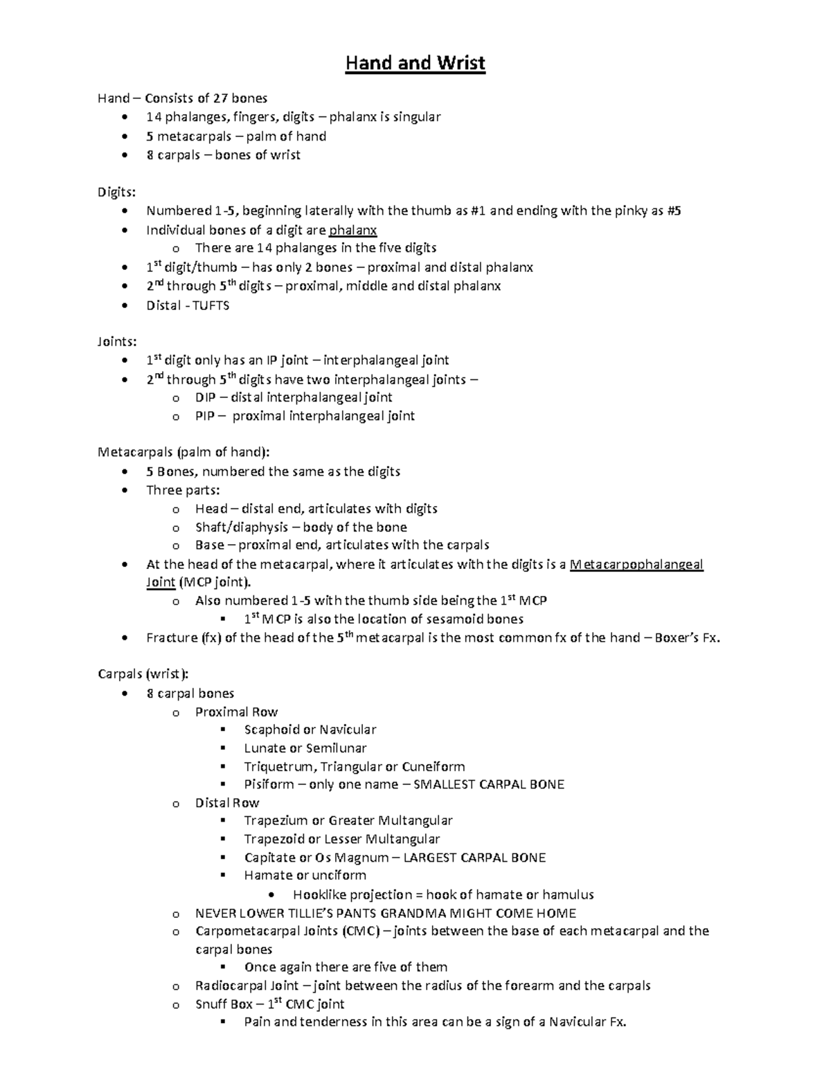 Finger Thumb Hand and Wrist Handout - Hand and Wrist Hand – Consists of ...