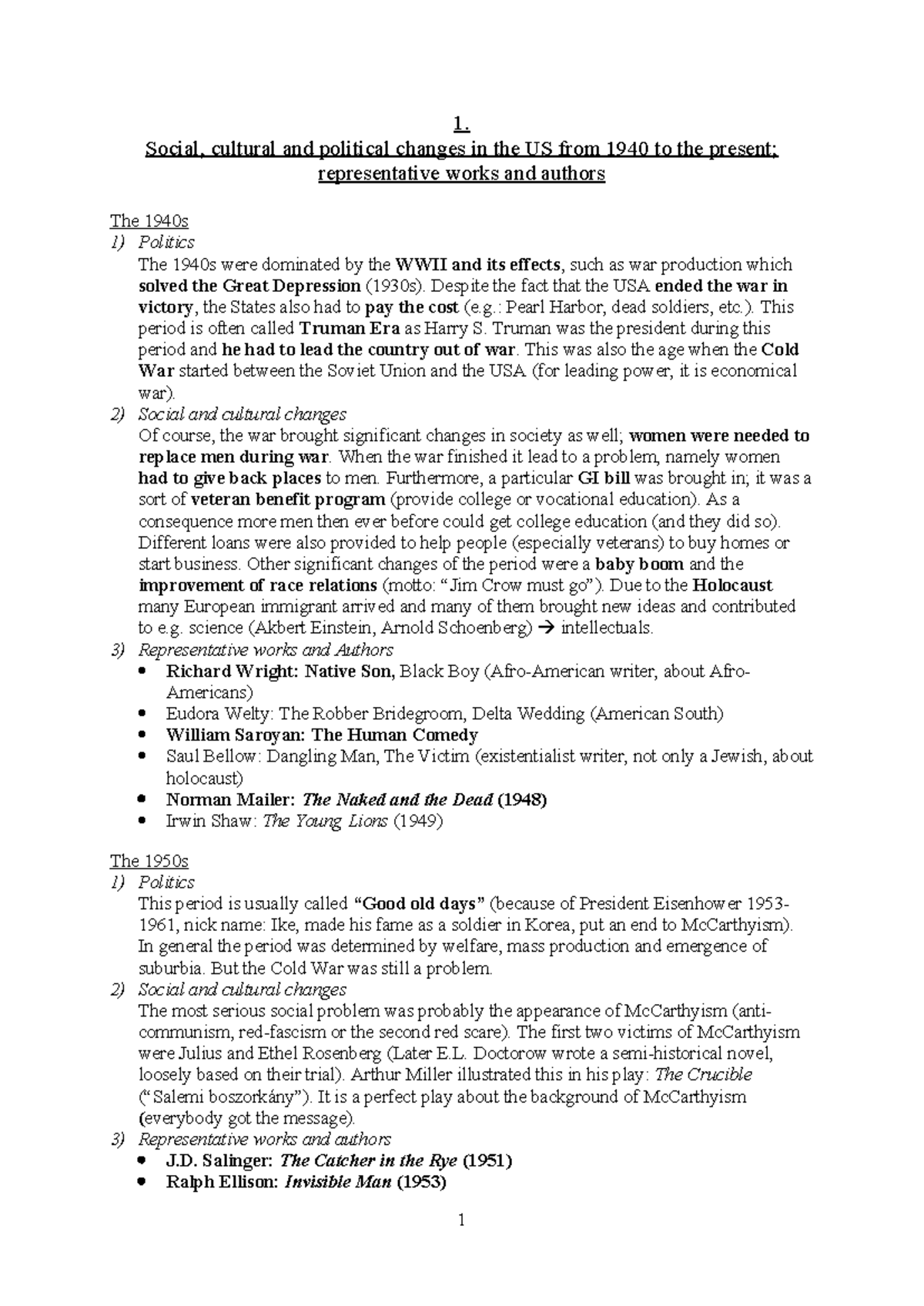 01 - Social, cultural and political changes in the US from 1940 to the ...
