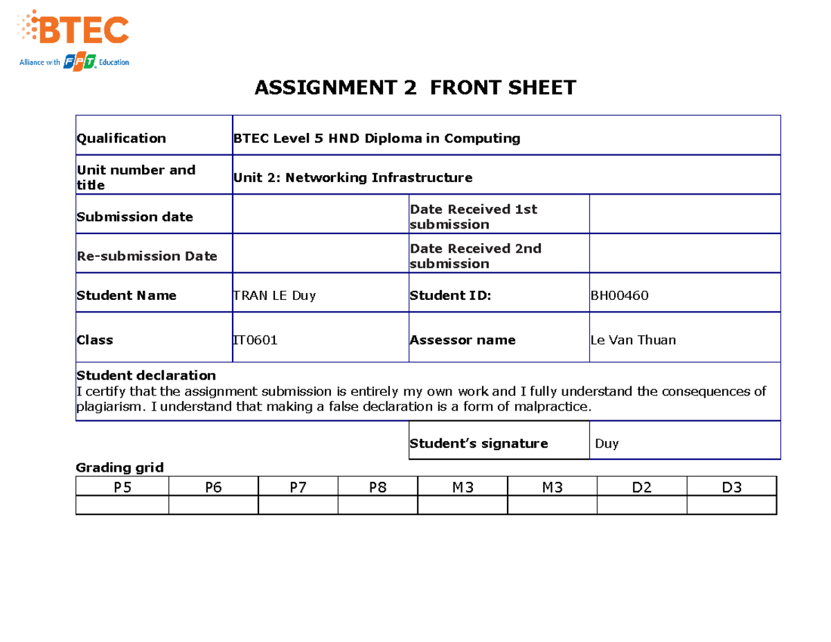 Networkingasm 2 Duytlbh 00601 - ASSIGNMENT 2 FRONT SHEET Qualification BTEC Level 5 HND Diploma ...