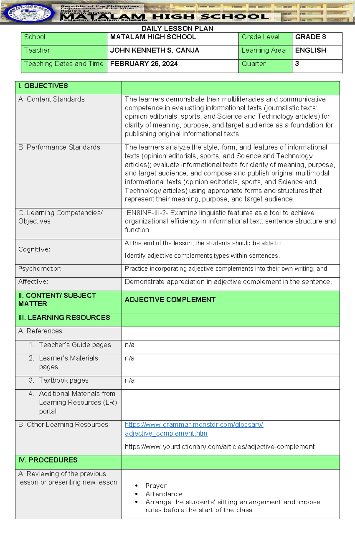 Adjective Complement - DAILY LESSON PLAN School MATALAM HIGH SCHOOL ...