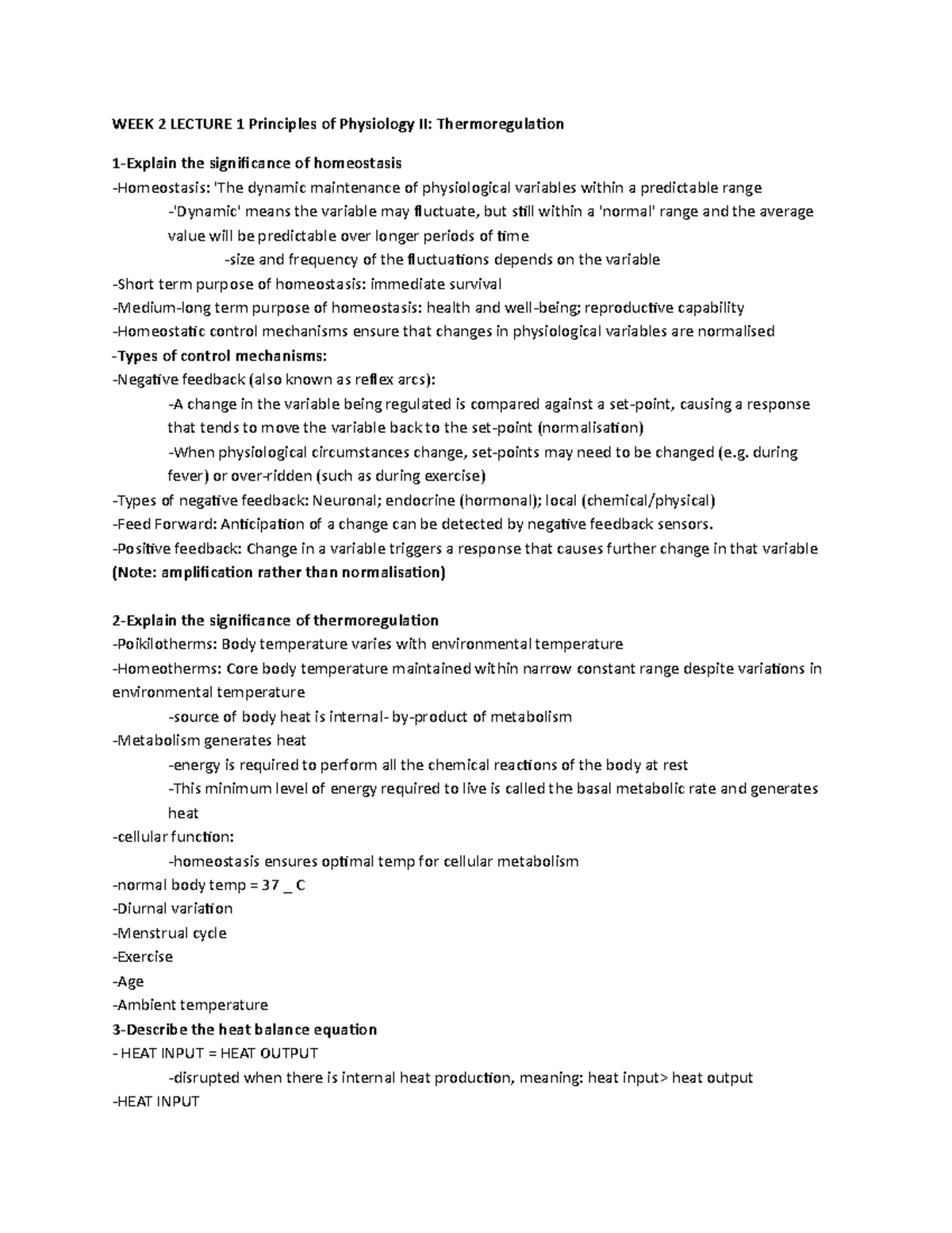 Thermoregulation - WEEK 2 LECTURE 1 Principles of Physiology II: Thermoregulaion 1-Explain the ...