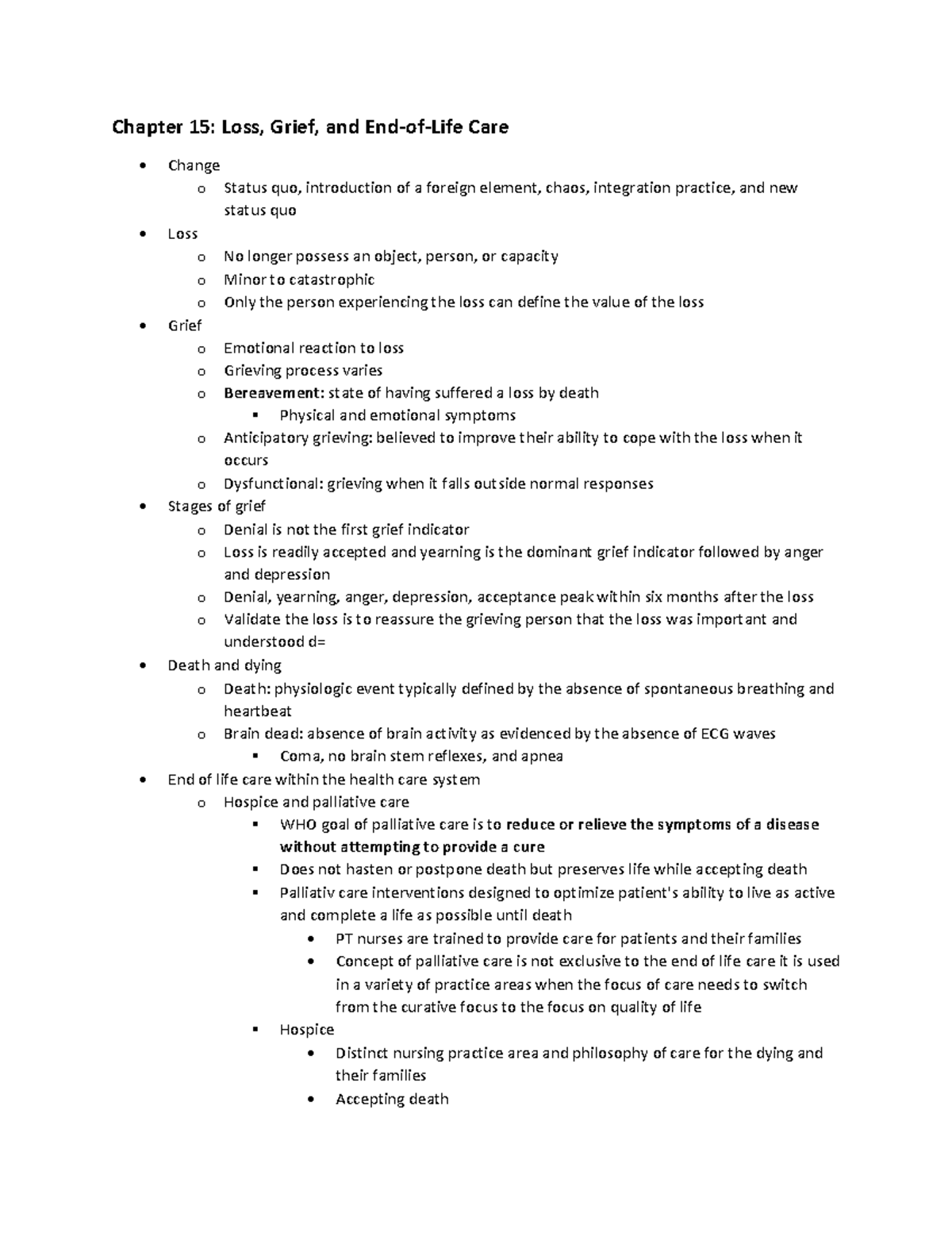 Chapter 15- Fundamentals of nursing textbook notes - Chapter 15: Loss ...