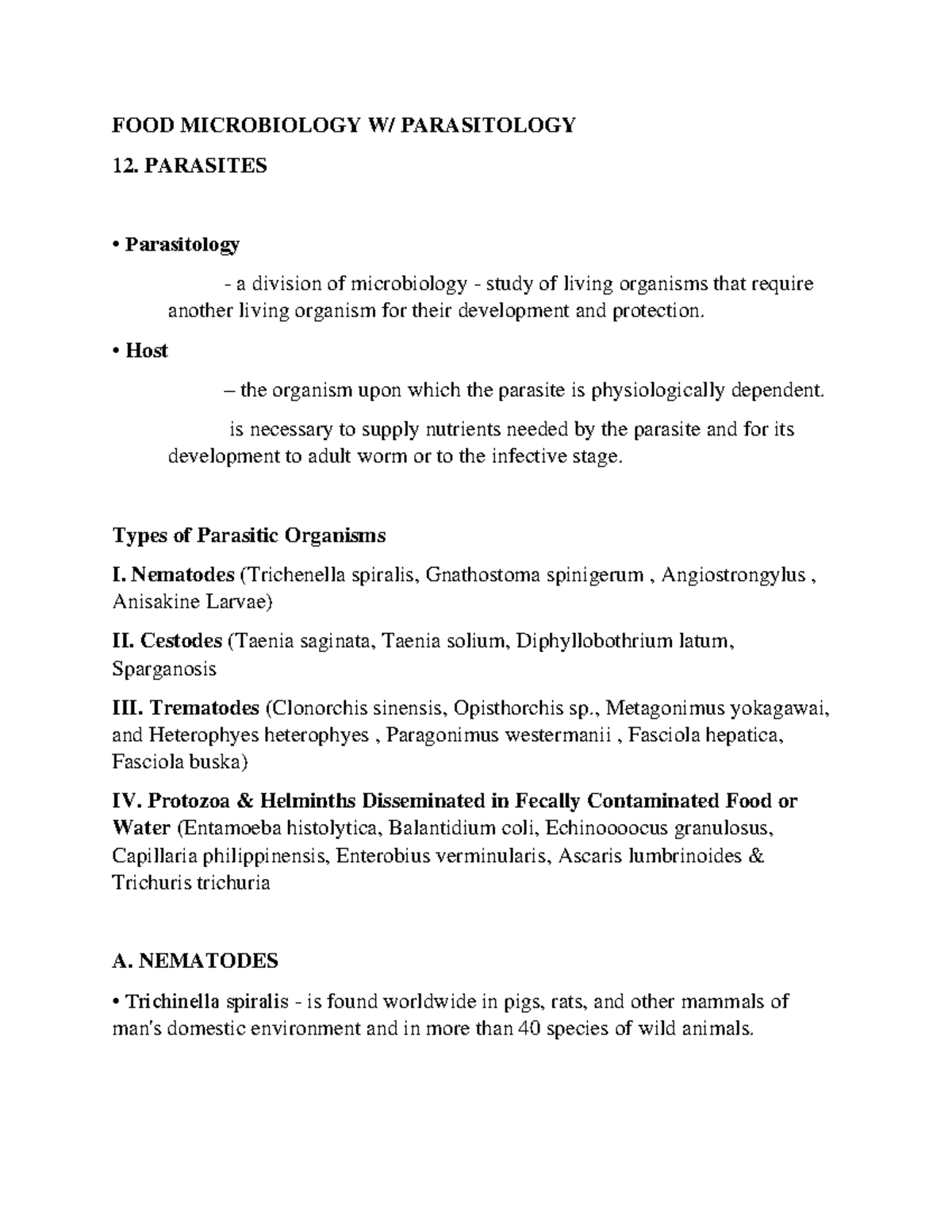 12. Parasites - FOOD MICROBIOLOGY W/ PARASITOLOGY 12. PARASITES ...