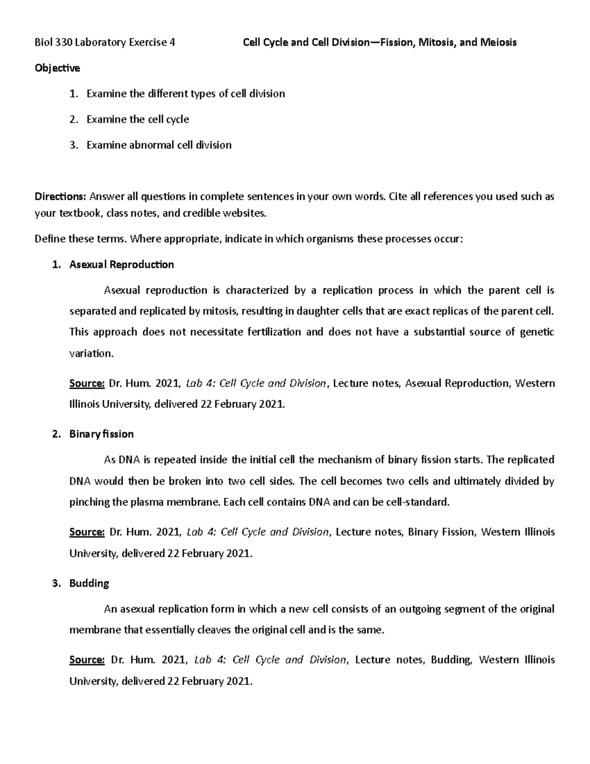 Cell Cycle and Cell Division - Biol 330 Laboratory Exercise 4 Cell ...
