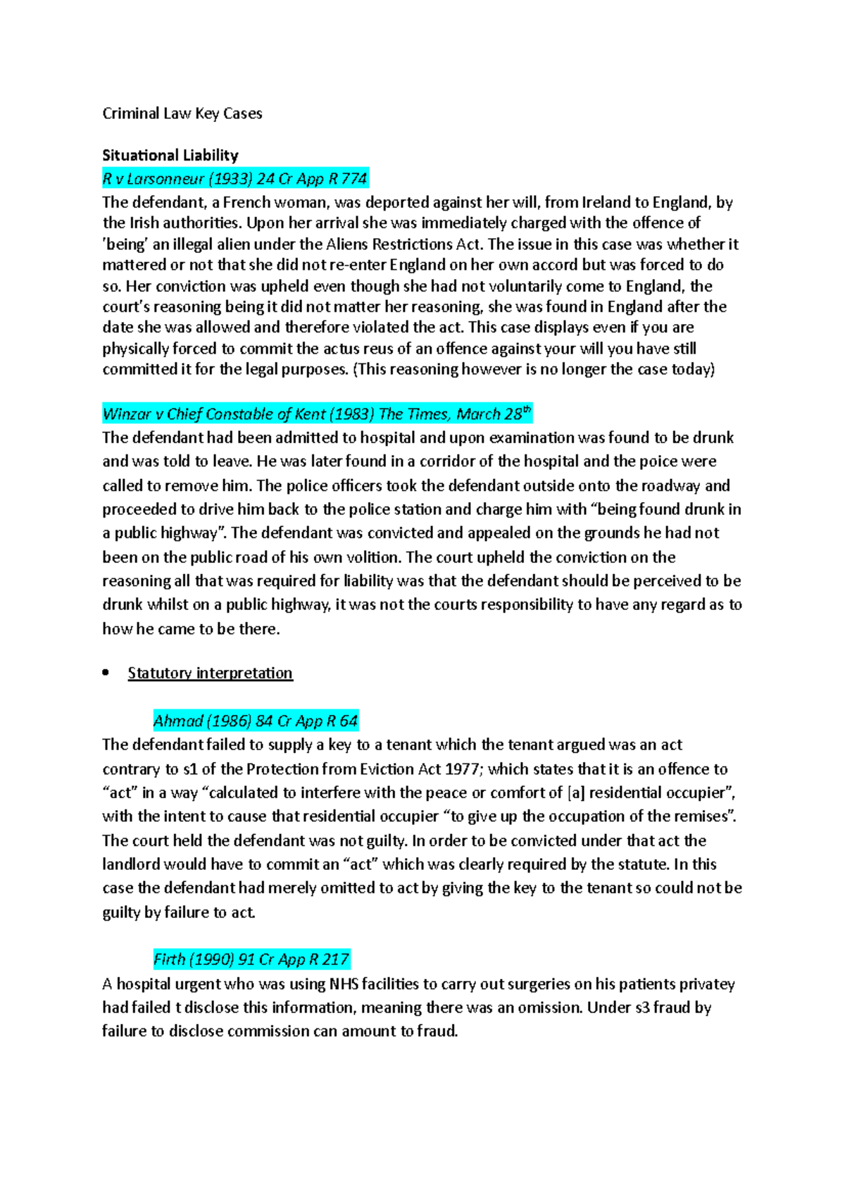 Criminal Law Key Cases - Criminal Law Key Cases Situational Liability R ...