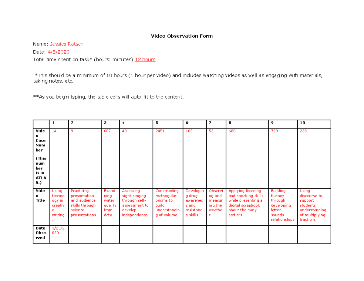 Video Observation Form - Video Observation Form Name: Jessica Ratsch ...