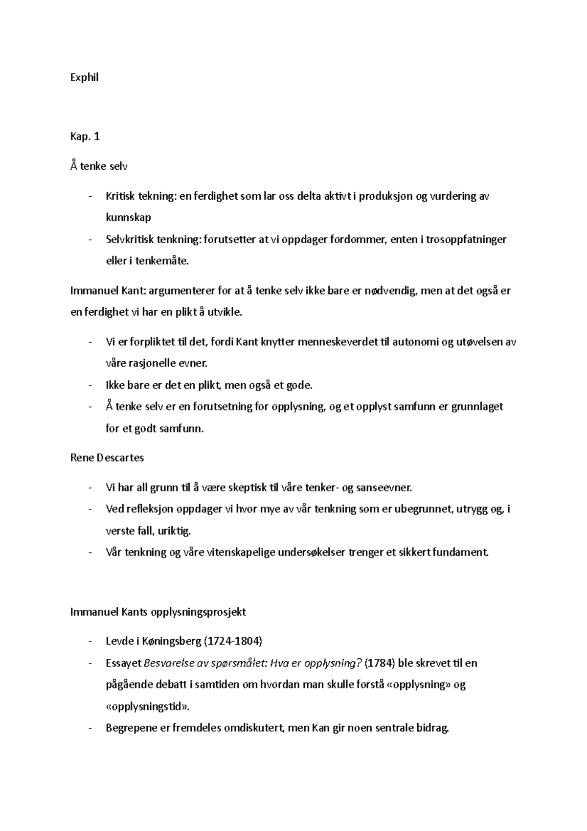 Exphil notater - Exphil Kap. 1 Å tenke selv Kritisk tekning: en ...