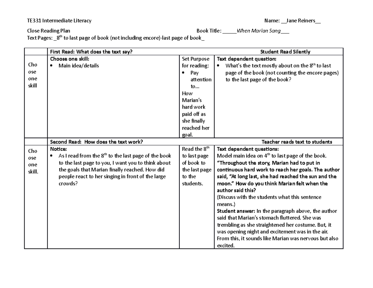 Close Reading Plan over When Marian Sang - TE331 Intermediate Literacy ...