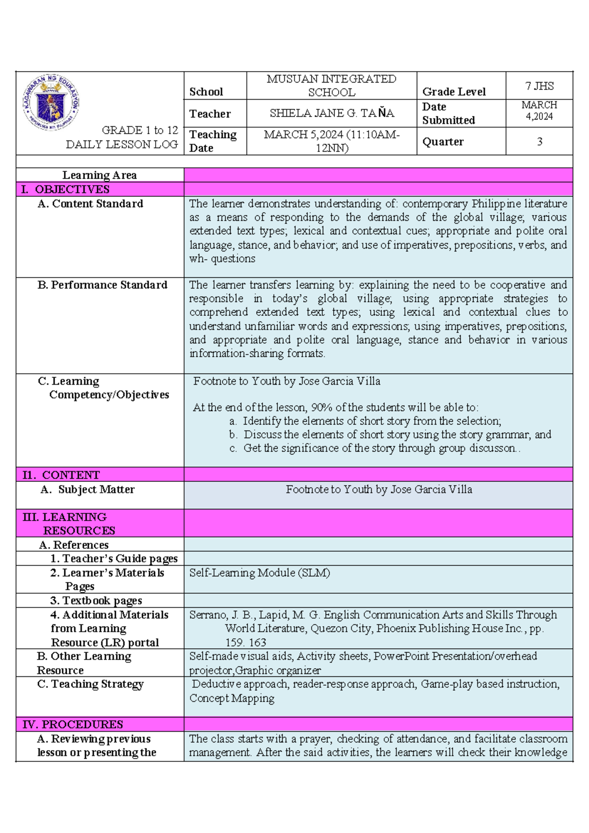 Footnote to youth dlp - GRADE 1 to 12 DAILY LESSON LOG School MUSUAN ...