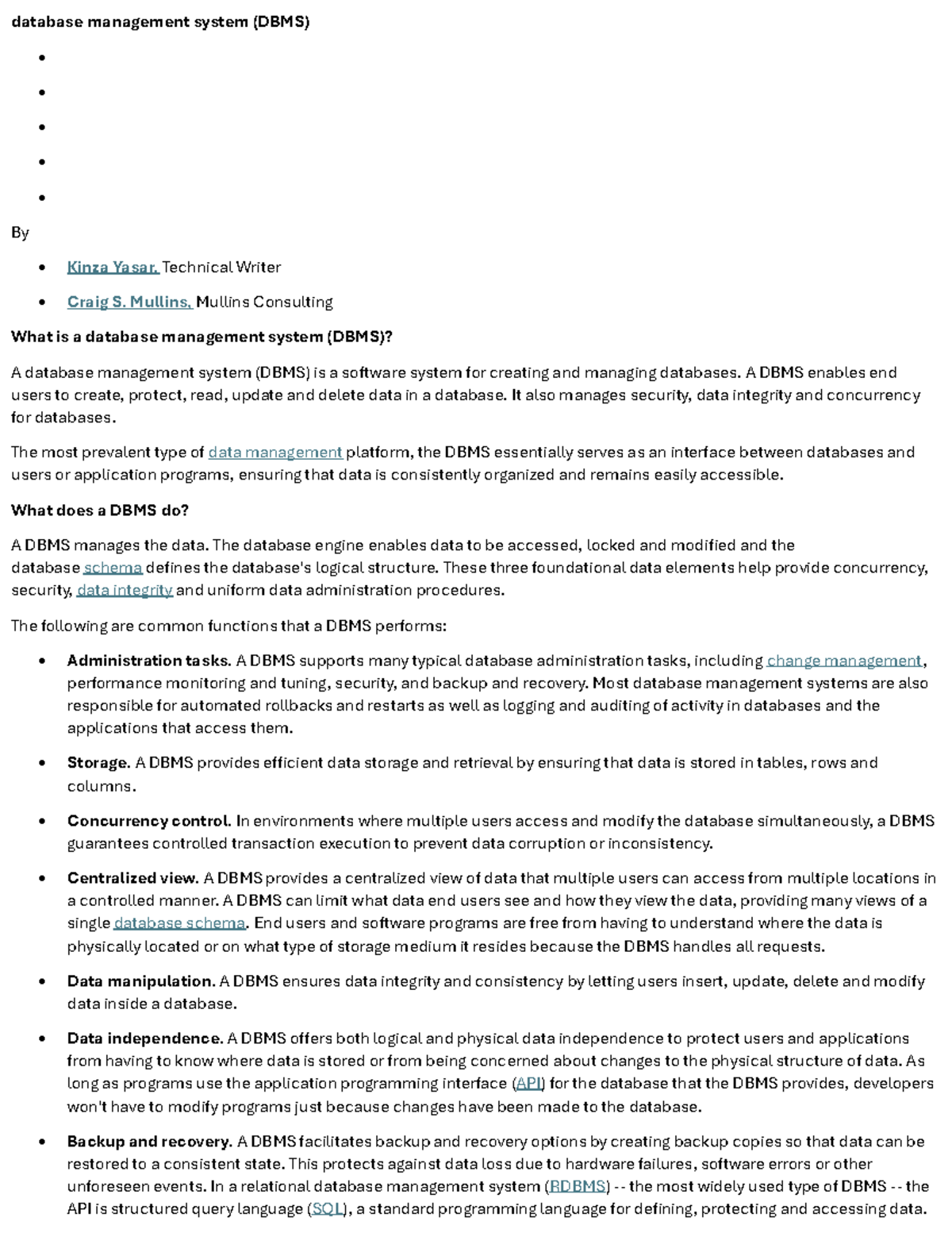 Database management system - Mullins, Mullins Consulting What is a database management system ...