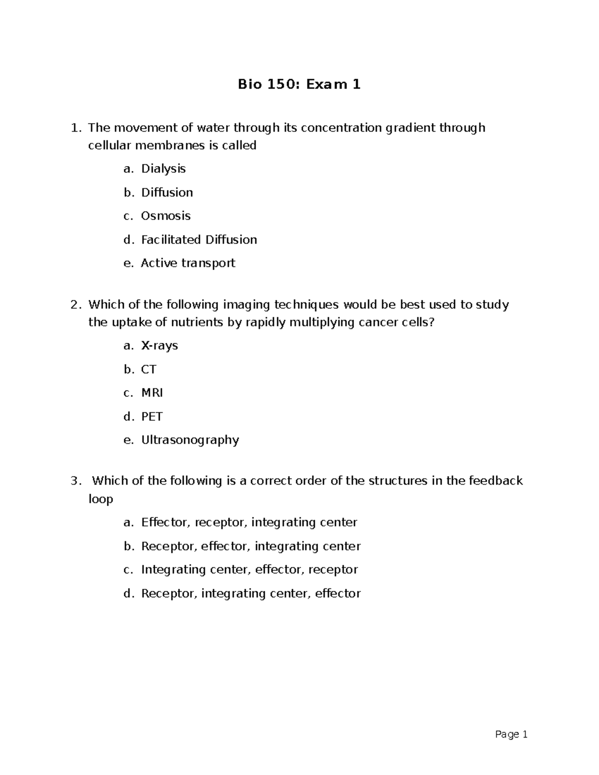 Exam January 1 Autumn 2020, questions and answers - Bio 150: Exam 1 The ...