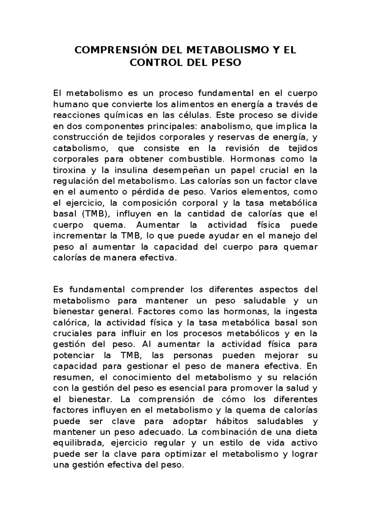 Comprensión DEL Metabolismo Y EL Control DEL PESO-ensayo - COMPRENSIÓN ...
