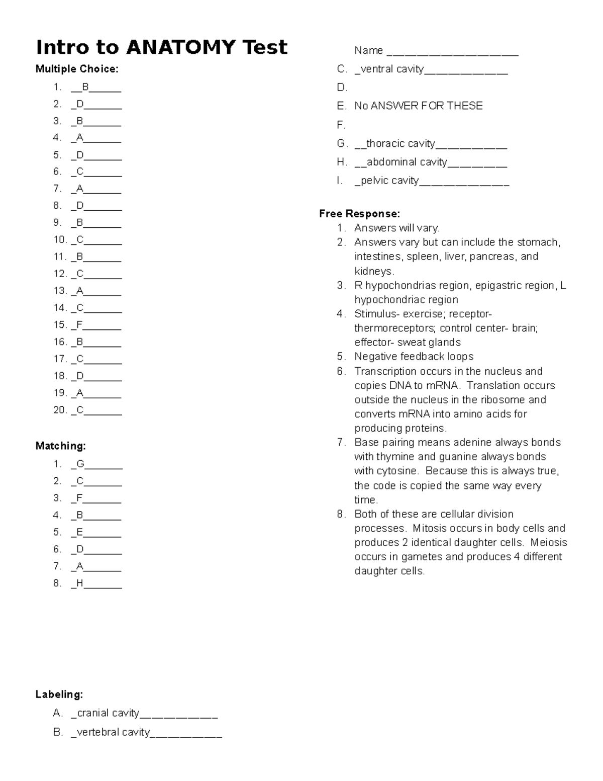 Intro Test Answer Key- Regular - Intro to ANATOMY Test Name ...