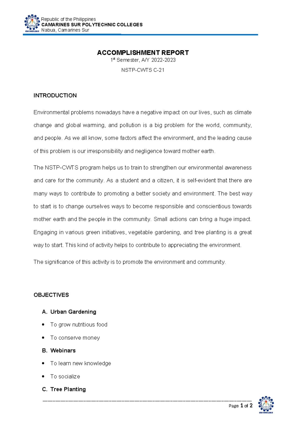 Accomplishment-Report - CAMARINES SUR POLYTECHNIC COLLEGES Nabua ...