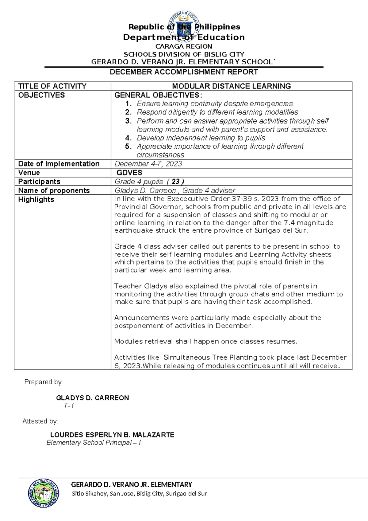 December Accomplishment Reportd - Republic of the Philippines ...