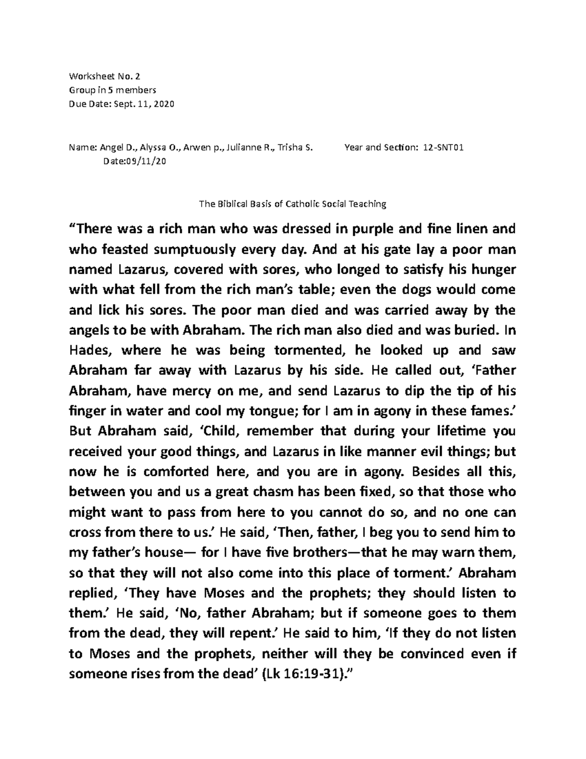 The biblical basis of Catholic Teaching Discussion - Worksheet No. 2 ...