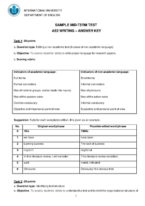 AE1 Writing Final - sample test (Scoring rubrics) - Writing AE2 ...