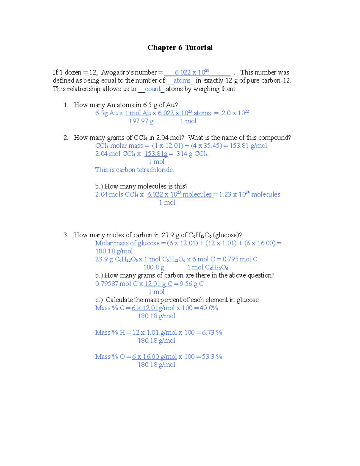 Tutorial 5 Chapter 6 answers - Chapter 6 Tutorial If 1 dozen = 12, Avogadro’s number = ___6 x 10 ...
